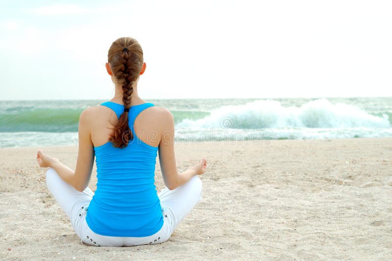 Beautiful Woman Practice Yoga on the Beach Stock Image - Image of beach ...