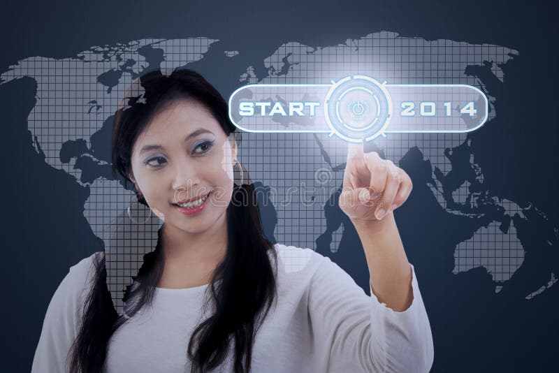 Beautiful Woman Pressing a Button Stock Image - Image of icon ...