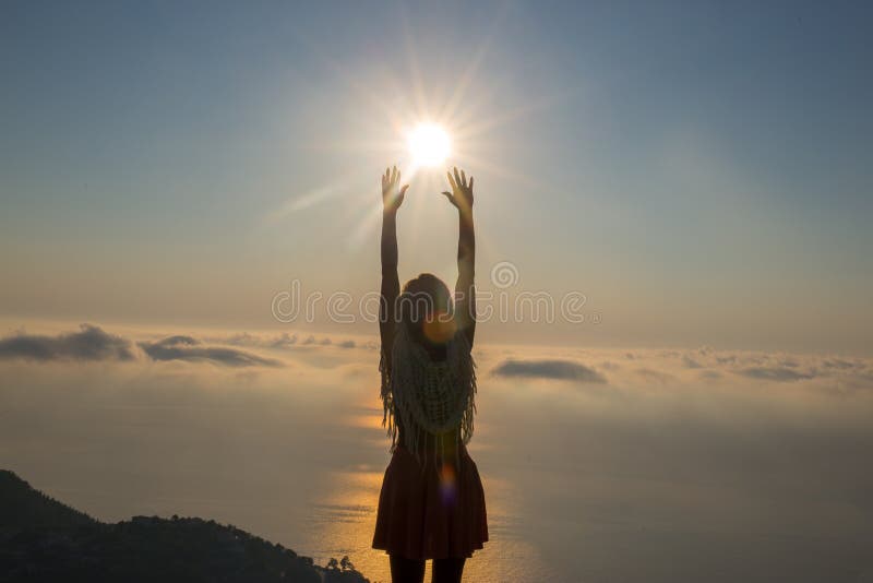 Beautiful Woman Reaching for the Sun Stock Image - Image of stretching ...