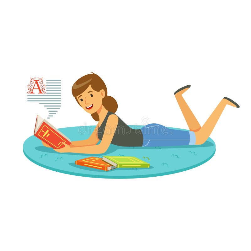 Beautiful Woman Reading A Book While Lying On Her Stomach Colorful