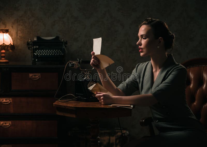 Beautiful Woman Reading Letter in Retro Interior Stock Image - Image of ...