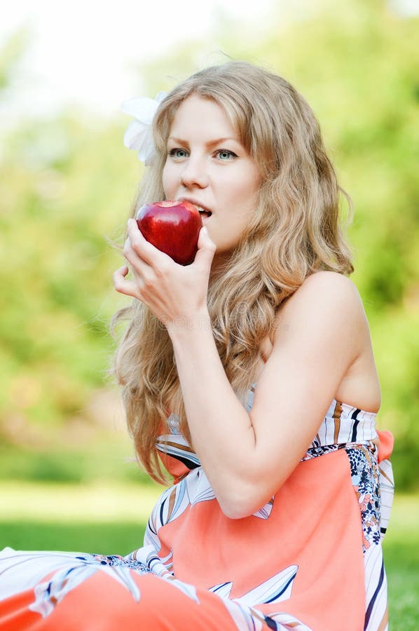 Beautiful Woman with Red Apple Stock Image - Image of caucasian ...