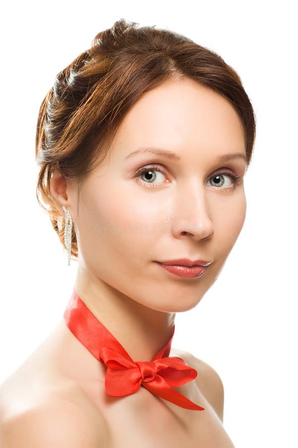 Beautiful Woman with a Red Bow Around His Neck Stock Image - Image of ...