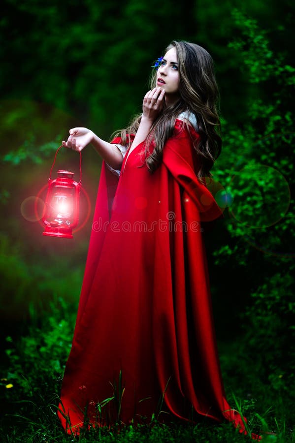 Beautiful Woman with Red Cloak in the Woods Stock Photo - Image of ...