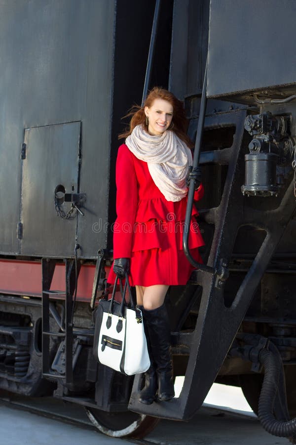 Beautiful Woman in Red Coat and Vintage Train Stock Photo - Image of ...