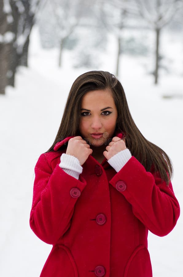 Beautiful Elegant Woman in Red Coat Stock Image - Image of nature, snow ...