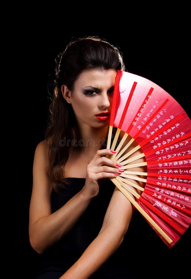 Beautiful Woman with Red Fan Stock Image - Image of clothing ...