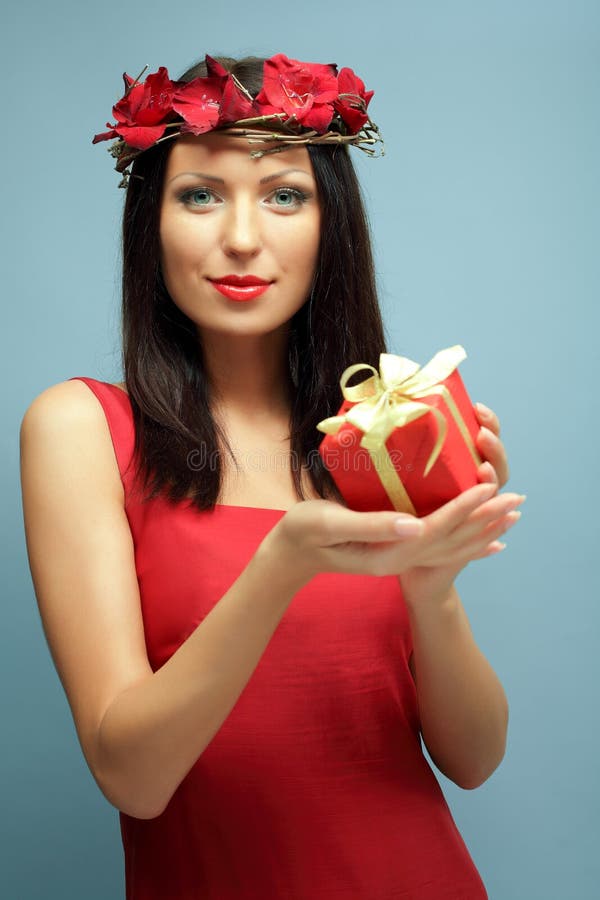 Beautiful Woman with Red Gift Stock Photo - Image of birthday, holding ...