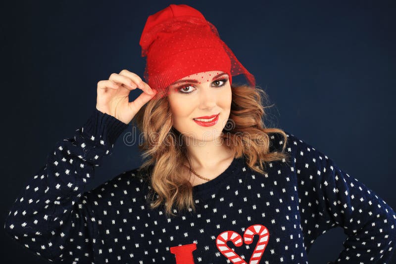 Beautiful woman in red hat stock image. Image of gift - 62697191