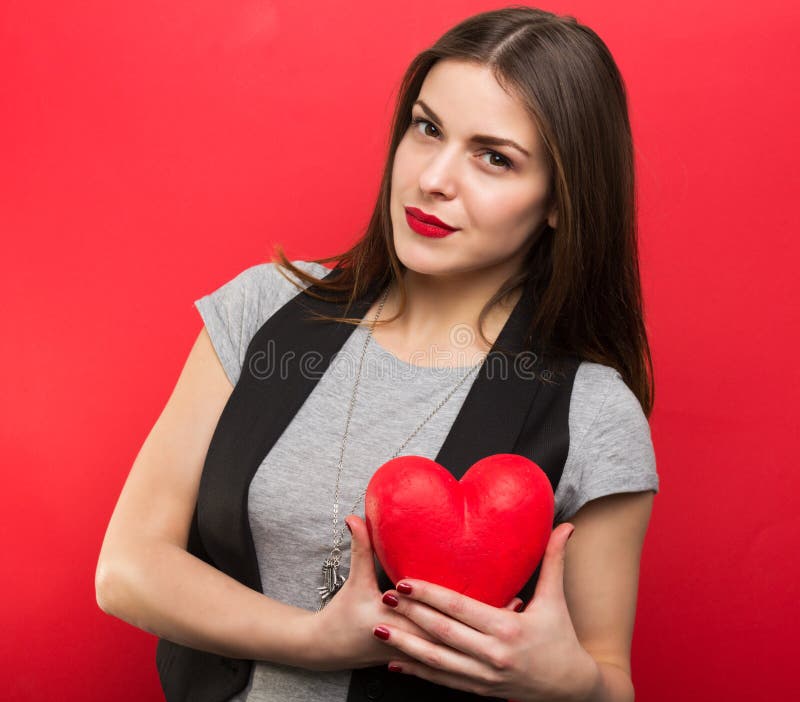 Beautiful Woman with Red Heart Stock Image - Image of beautiful, giving ...