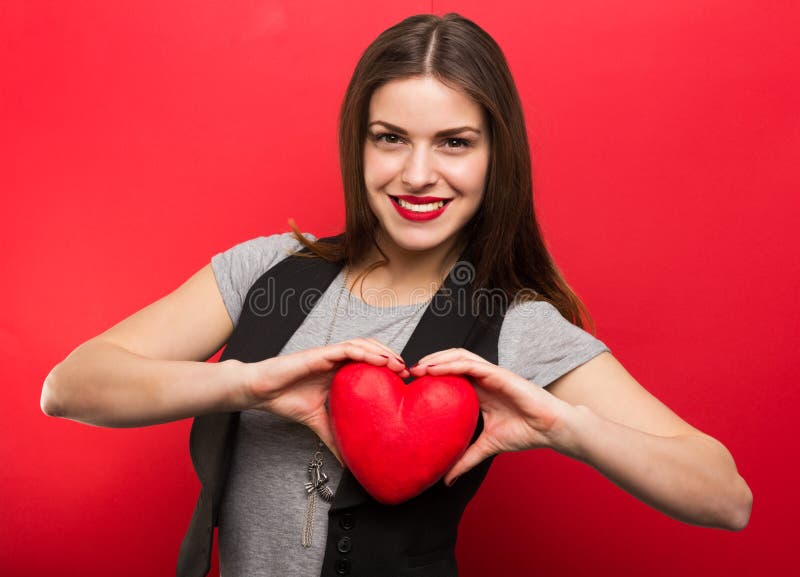 Beautiful Woman with Red Heart Stock Image - Image of studio, sharing ...