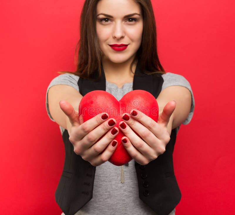 Beautiful Woman with Red Heart Stock Image - Image of hands ...