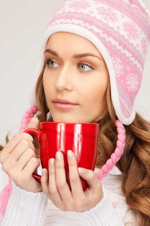 Beautiful Woman with Red Mug Stock Photo - Image of delicious ...