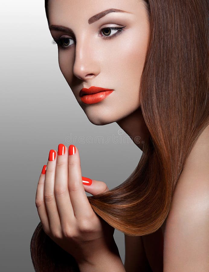 Beautiful Woman with Red Nails. Makeup and Manicure Stock Photo - Image ...