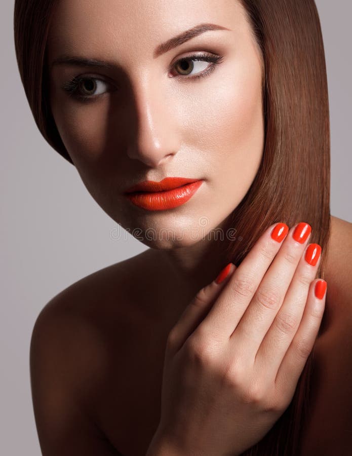 Beautiful Woman with Black Nails. Makeup and Manicure Stock Image ...