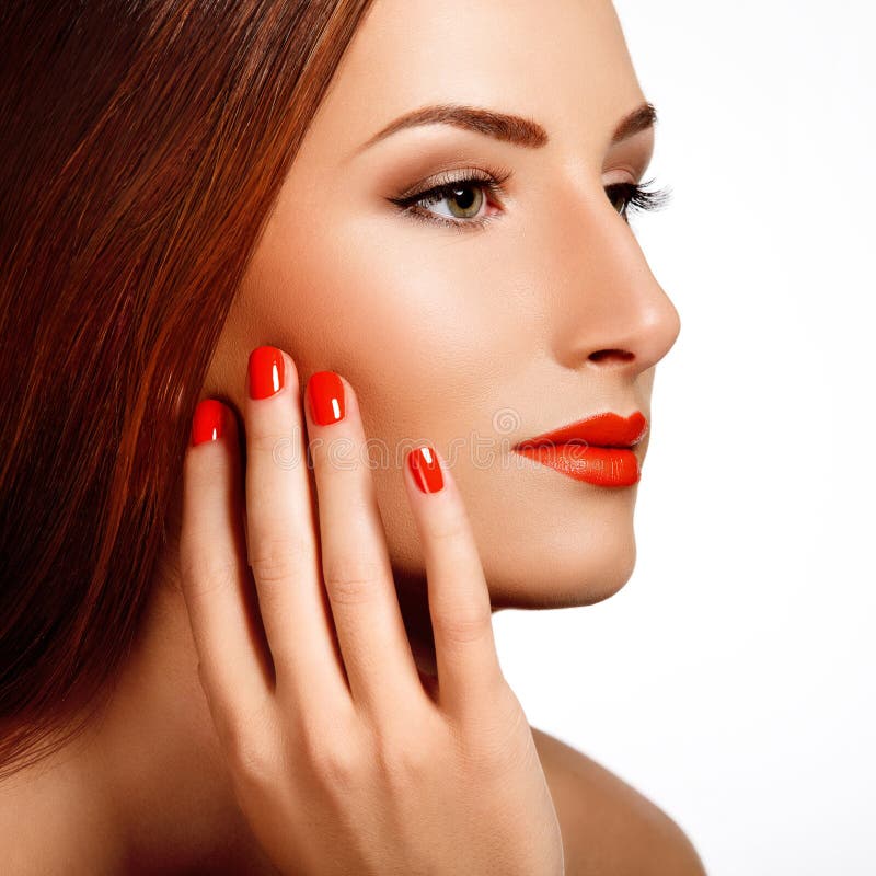 Beautiful Woman with Red Nails. Makeup and Manicure Stock Photo - Image ...
