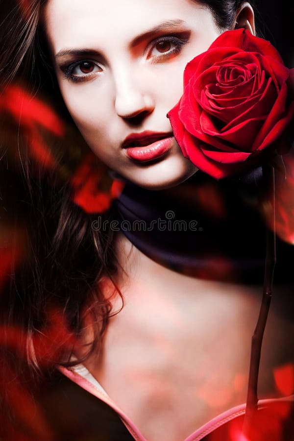 Beautiful Woman with Red Rose Stock Image - Image of cutie, model: 45605131