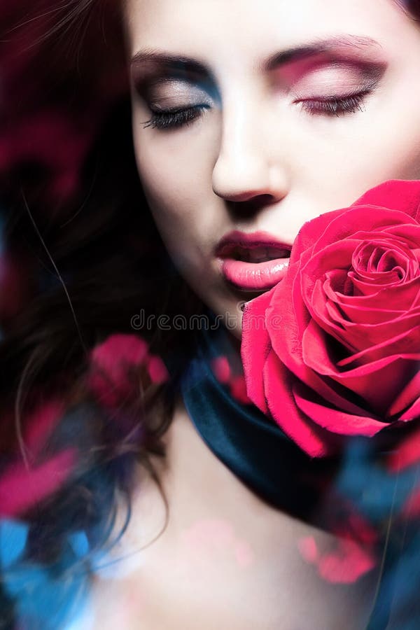 Beautiful Woman with Red Rose and Lights Stock Photo - Image of lady ...