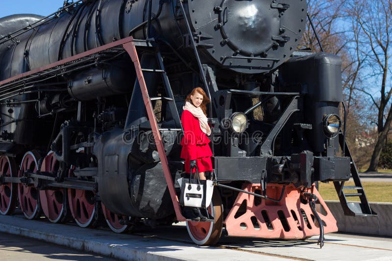 Beautiful Woman in Red and Vintage Train Stock Photo - Image of ...