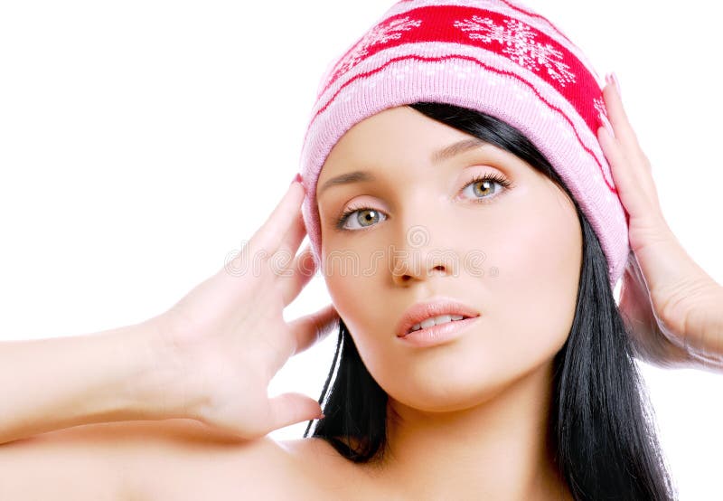 Beautiful Woman in Red Winter Hat Stock Photo - Image of woman ...