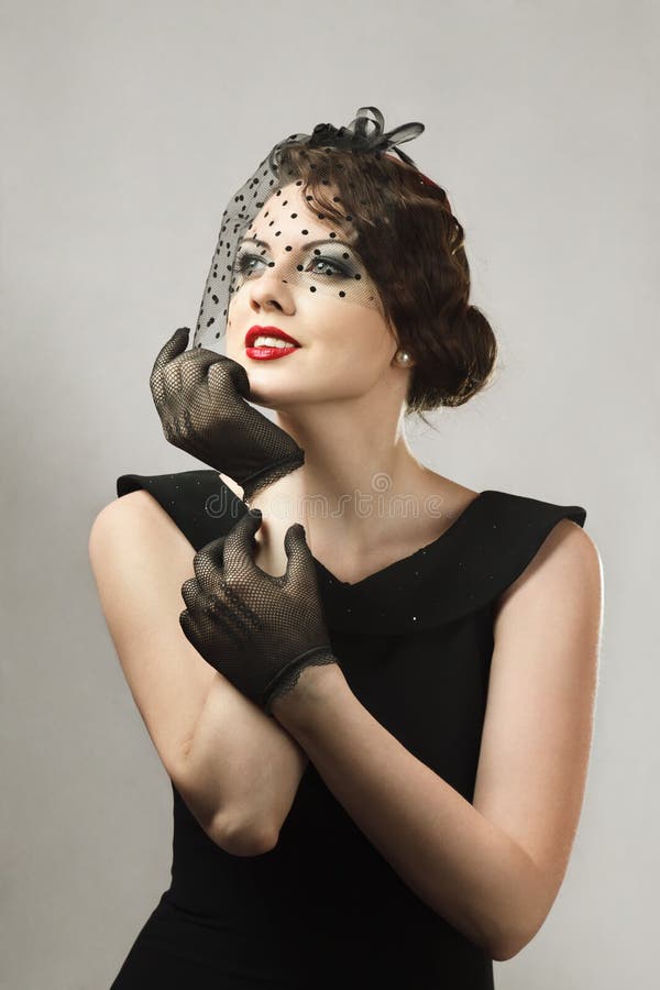 Retro Woman Hairstyle Portrait and Makeup, Fashion Model Girl Stock ...