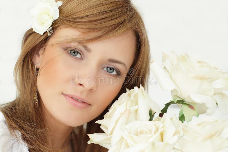 Beautiful Woman with Rose Flowers Stock Photo - Image of happiness ...