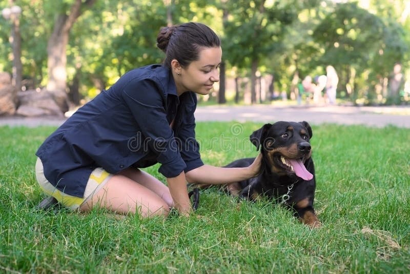Beautiful Woman and Rottweiler in Park Stock Image - Image of adults ...