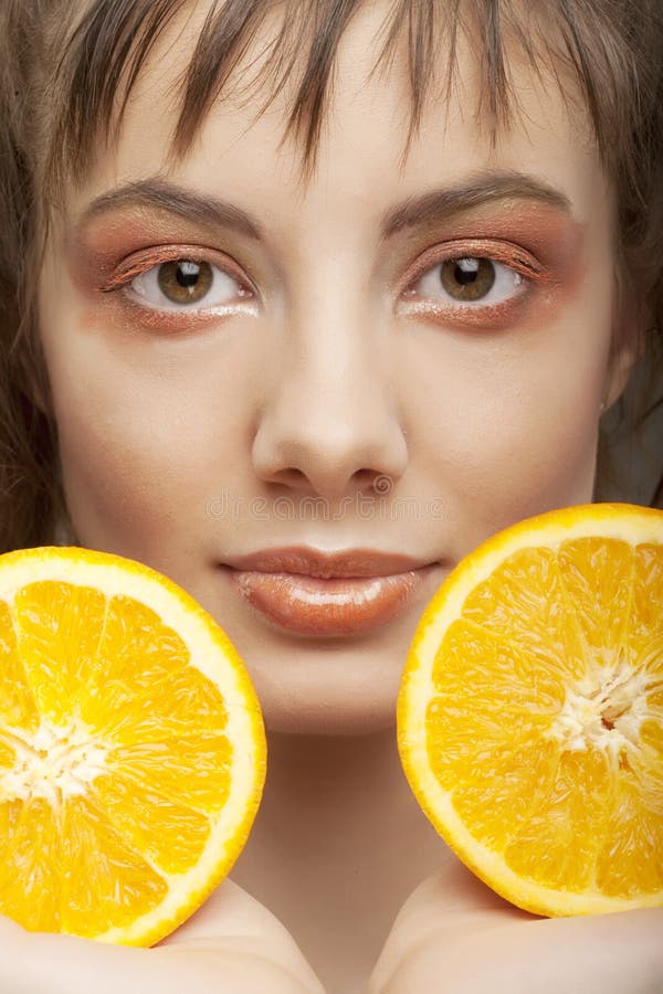 Beautiful Woman`s Face with Orange Stock Photo - Image of natural ...