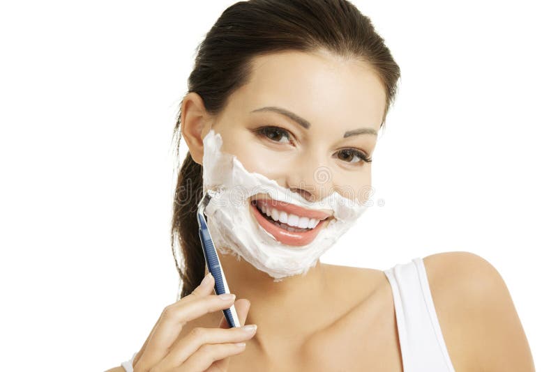 Beautiful Woman Shaving Her Face with a Razor Stock Photo - Image of ...