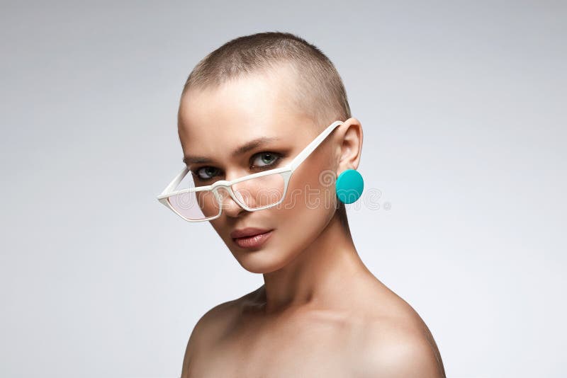 Beautiful Woman With Short Haircut Wearing Glasses Beauty Bald Woman