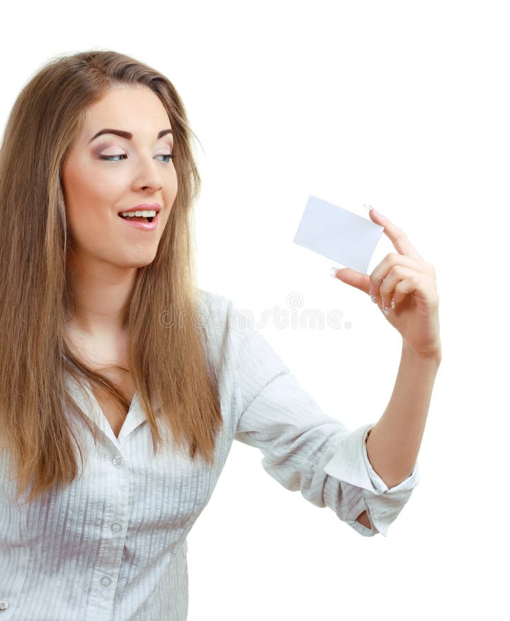Beautiful Woman Showing Card Stock Photo - Image of blank, paper: 24769828
