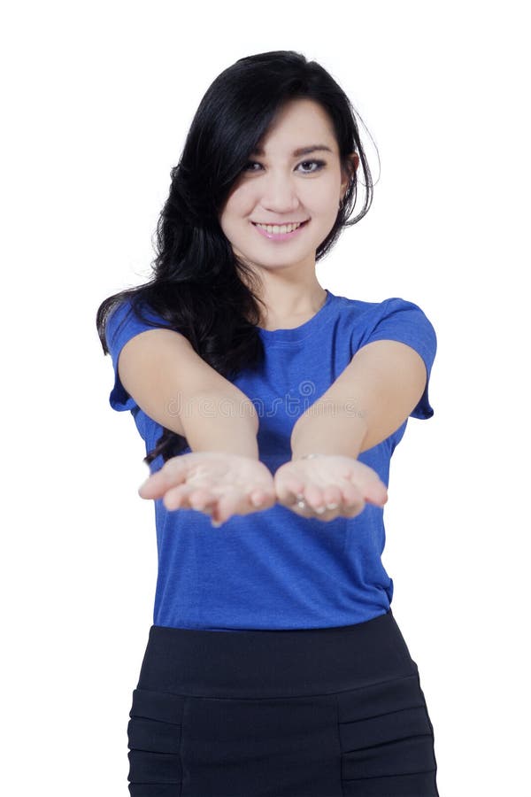 Beautiful Woman Showing Empty Hands Stock Photo - Image of face, hand ...