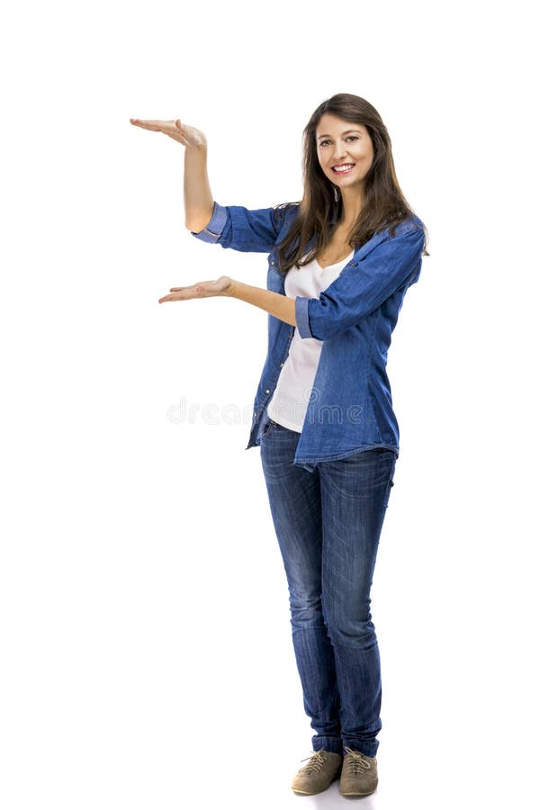 Showing Something on a White Wall Stock Image - Image of lovely, adult ...