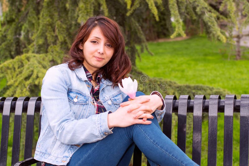 Beautiful Woman Sitting on a Bench Stock Image - Image of nature ...