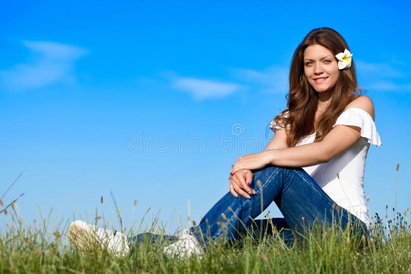 Beautiful Woman Sitting on Grass Stock Image - Image of green, field ...