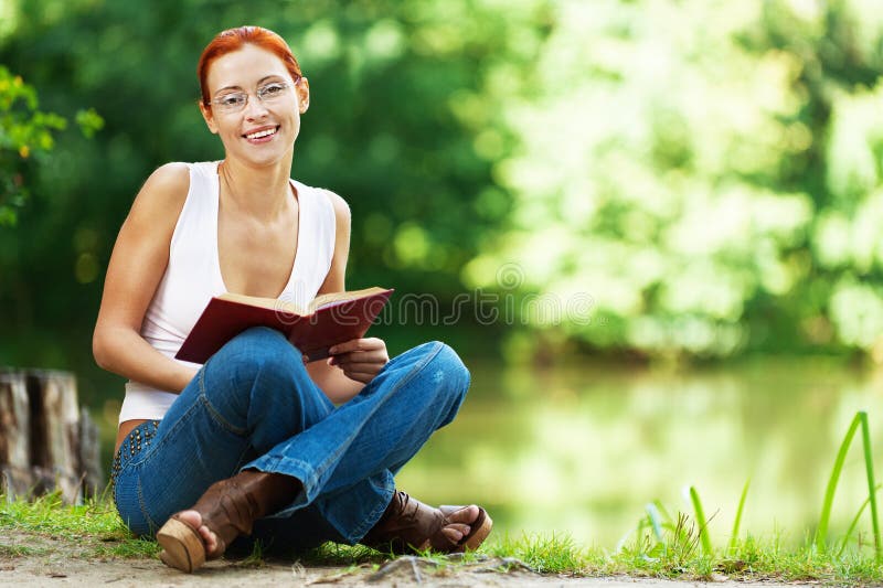 Beautiful Woman Sitting on Ground Stock Image - Image of lake, head ...