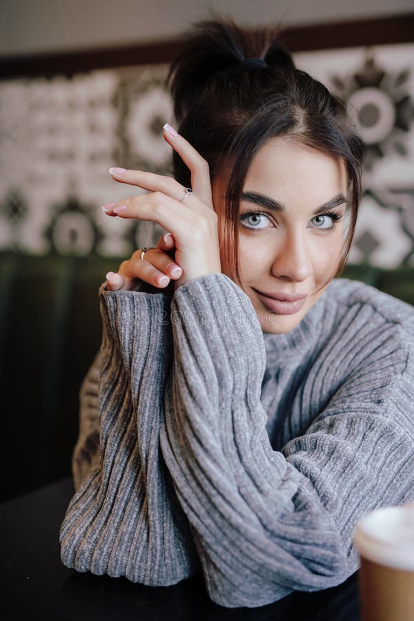 Beautiful Woman Sitting at the Table in Cafe Stock Image - Image of ...