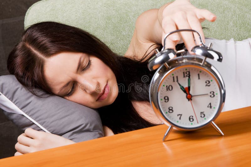 Woman Waking Up Early with Alarm Clock Stock Photo - Image of button ...
