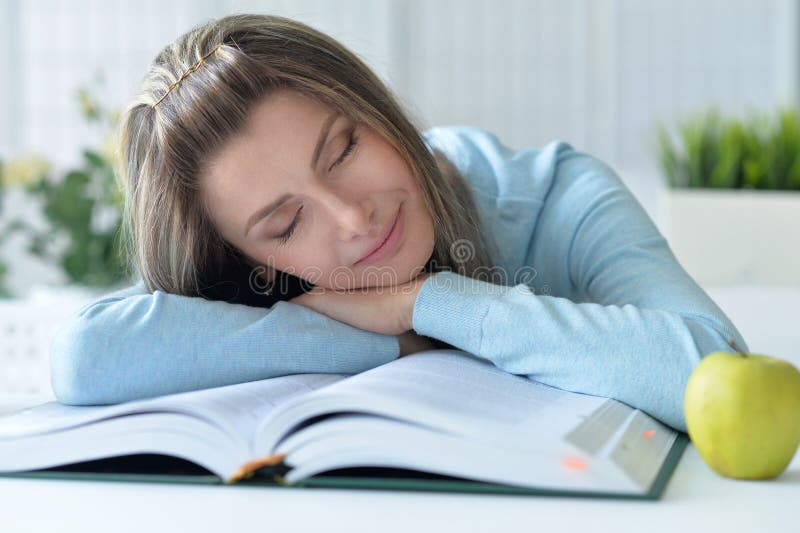 Beautiful Woman Sleeping on Book Stock Photo - Image of morning ...
