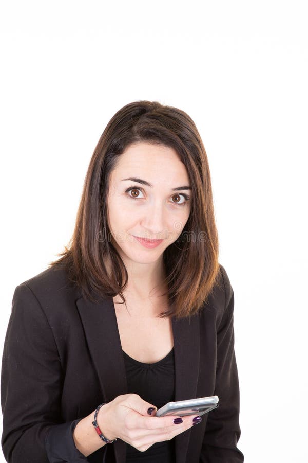 Beautiful Woman Smiling Looking Smartphone Texting Stock Photo - Image ...