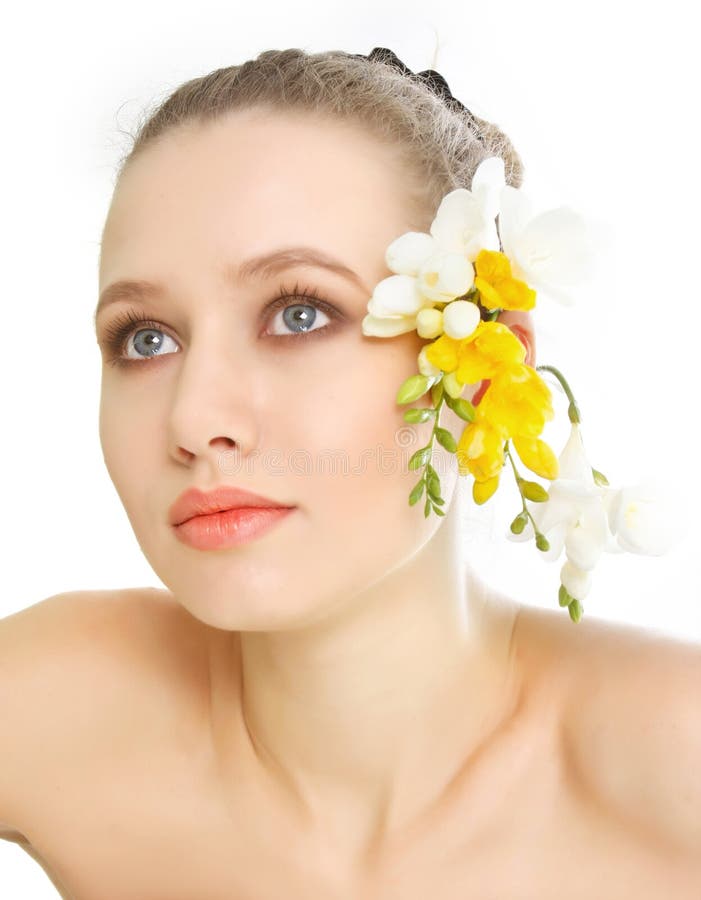 Beautiful Woman with Spring Flowers Over White Stock Image - Image of ...