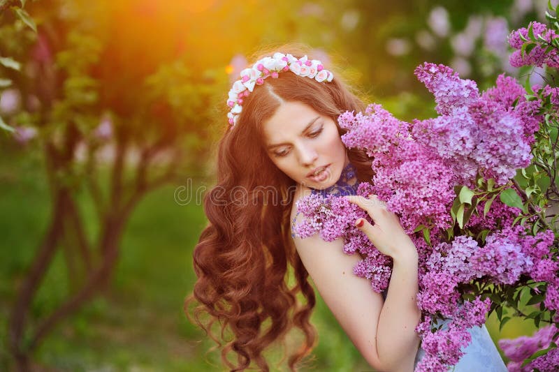 Beautiful Woman in the Spring Park and the Setting Sun Stock Photo ...