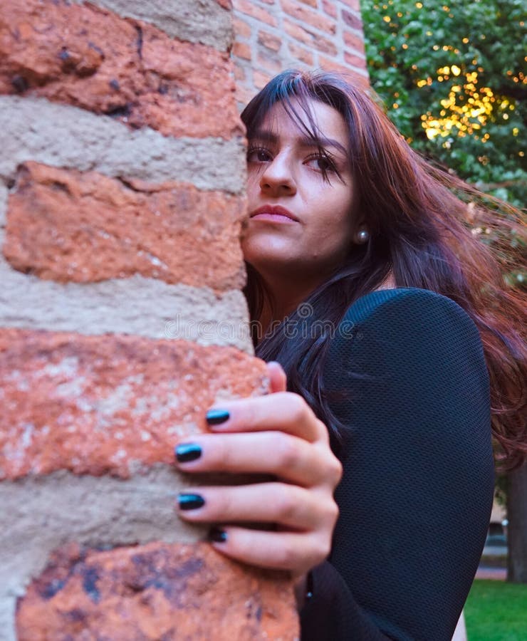 A Beautiful Woman Standing at a Brick Wall Stock Image - Image of face ...