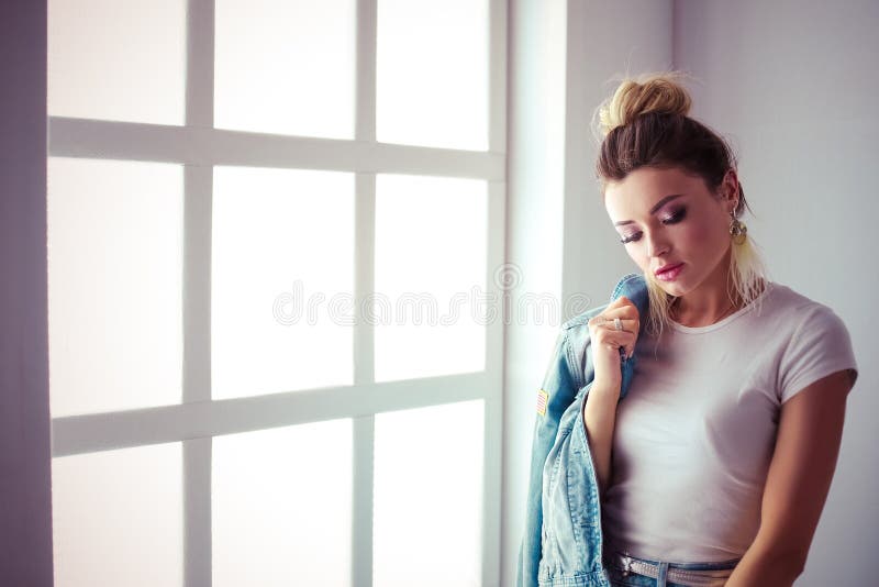 Beautiful Woman Standing in Study. Beautiful Woman. Stock Photo - Image ...