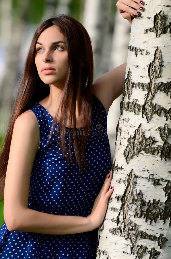 The Beautiful Woman Stands at Birch Stock Image - Image of park ...
