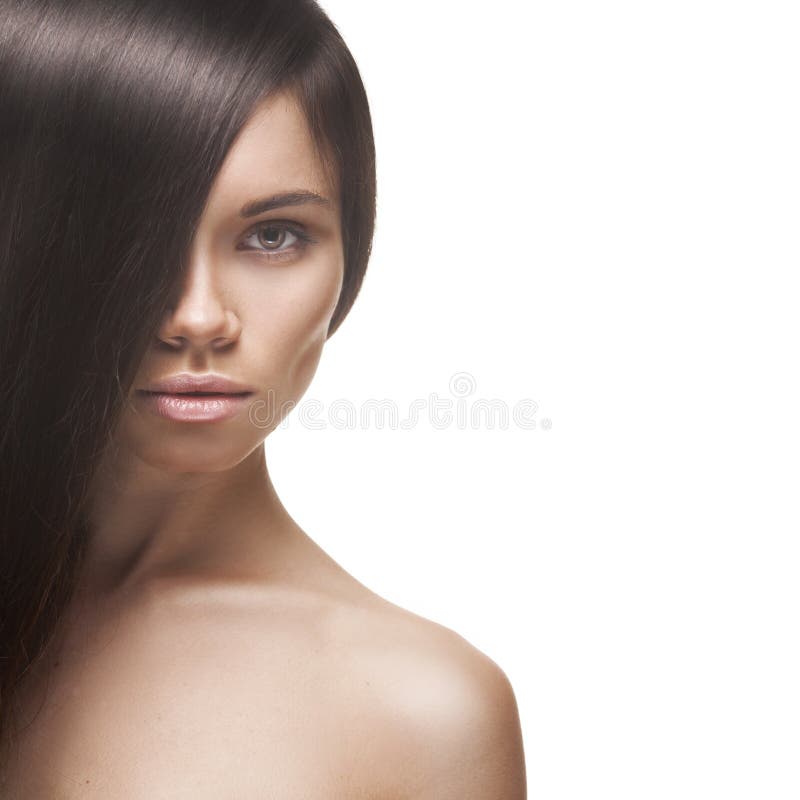Portrait Of A Beautiful Brunette Woman With Long Straight Hair Stock