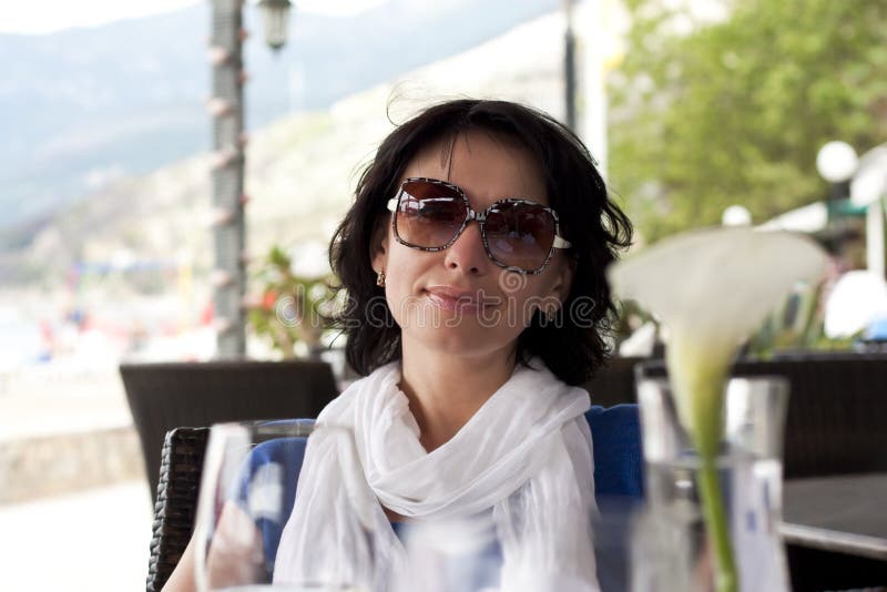 Beautiful Woman in Street Cafe Stock Photo - Image of face, cappuccino ...