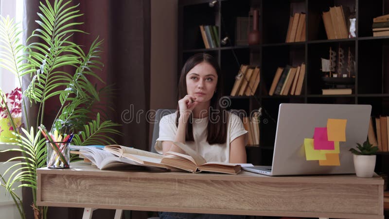Beautiful Woman Studying at Office Table Thinking Analyzing Several ...