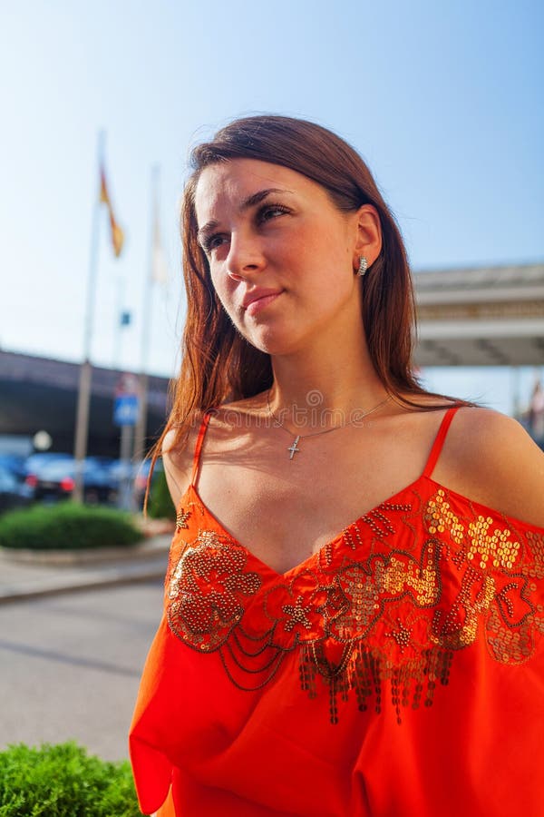 Beautiful woman on sun stock image. Image of wall, dress - 27090751