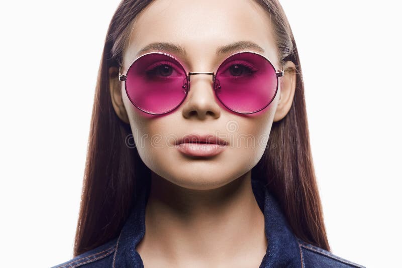 Beautiful Woman In Sunglasses Beauty Girl In Pink Glasses Stock Image Image Of Glamour Frame